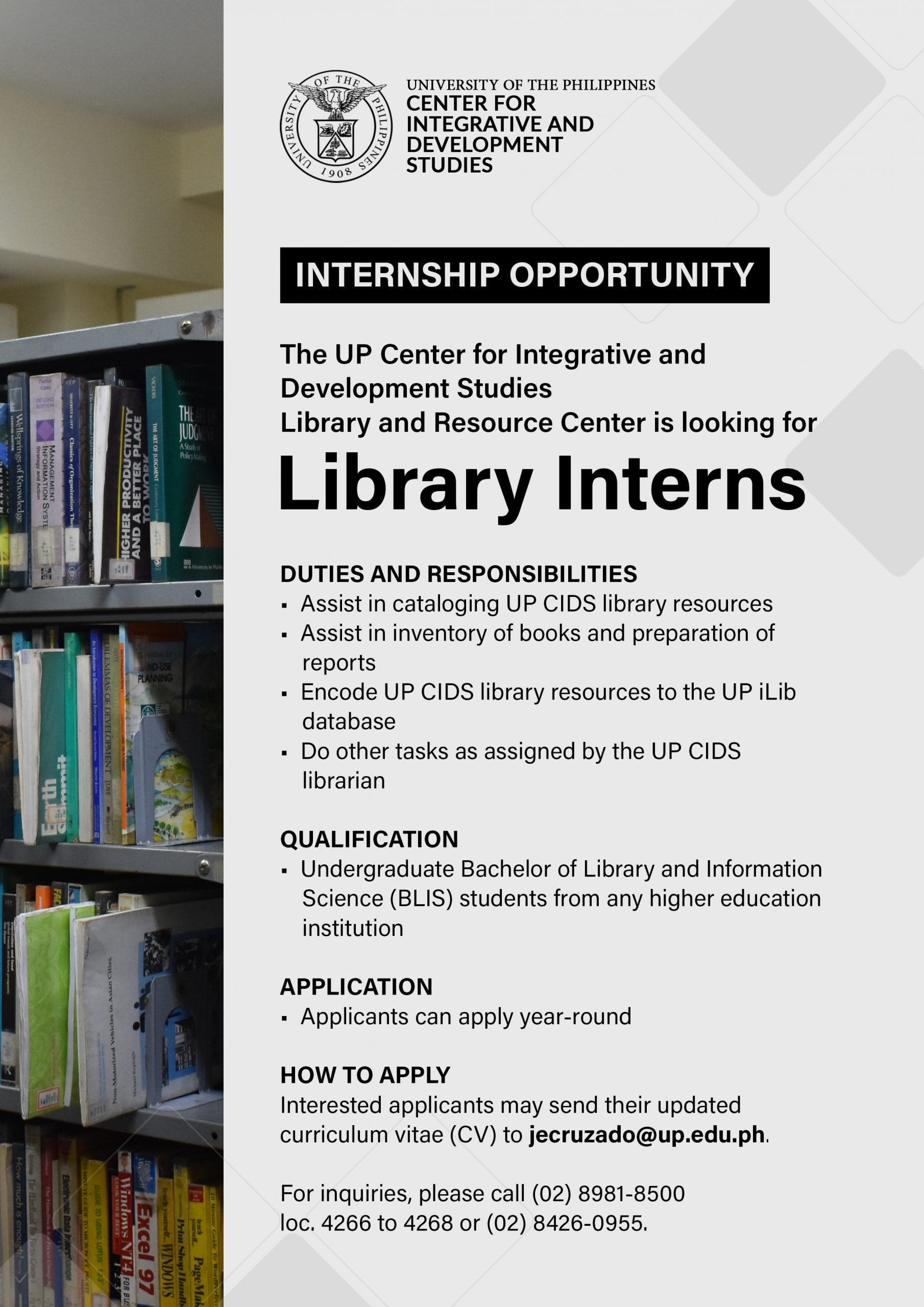 Internship Opportunity: Library Interns - UP Center for Integrative and Development Studies