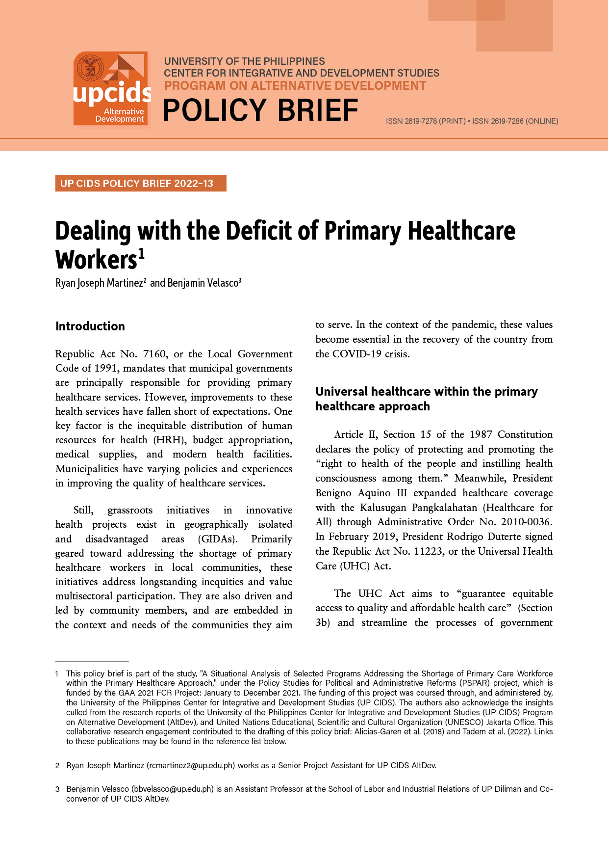 Dealing with the Deficit of Primary Healthcare Workers: Policy Brief