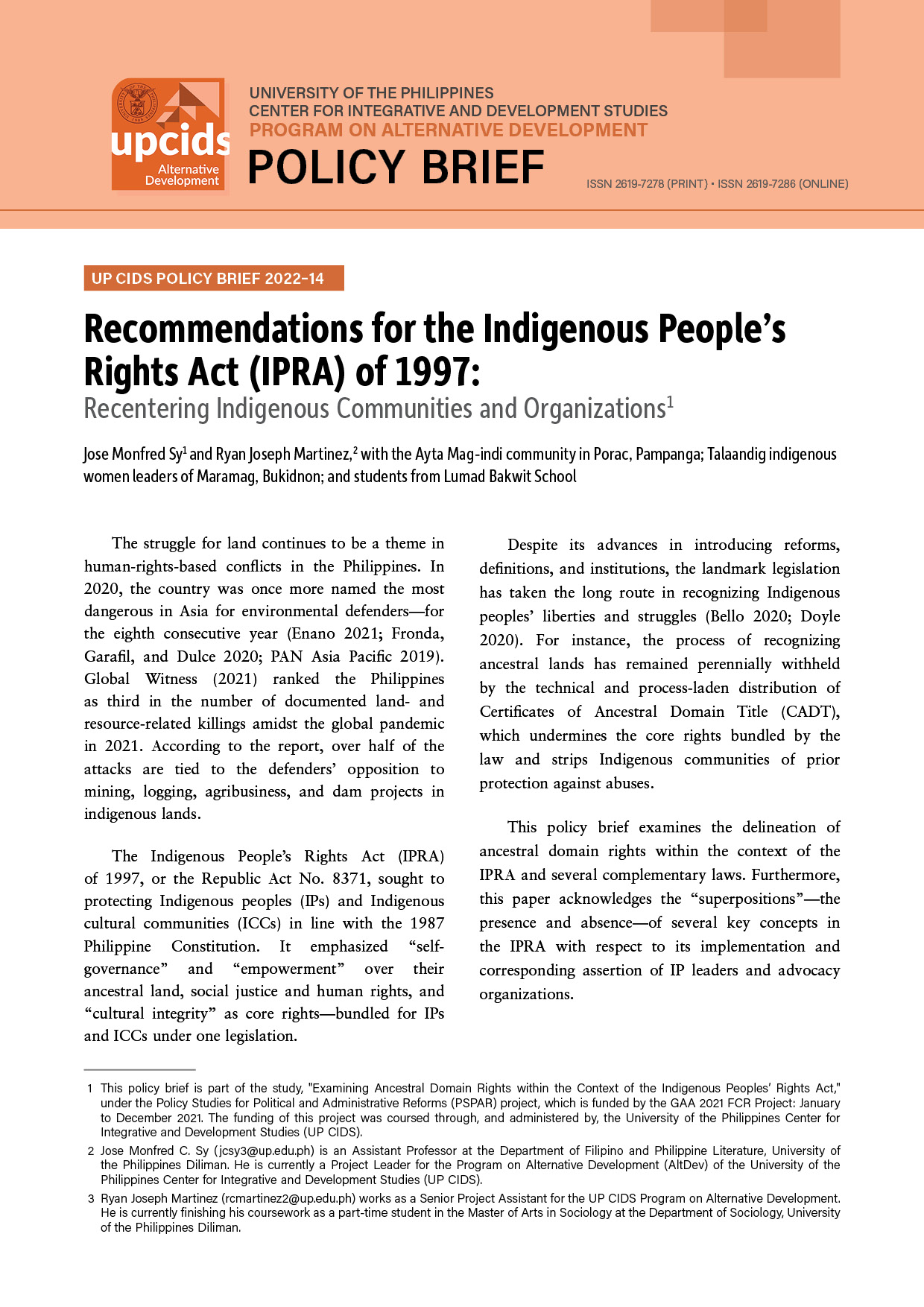 Recommendations for the Indigenous People’s Rights Act (IPRA) of 1997 ...