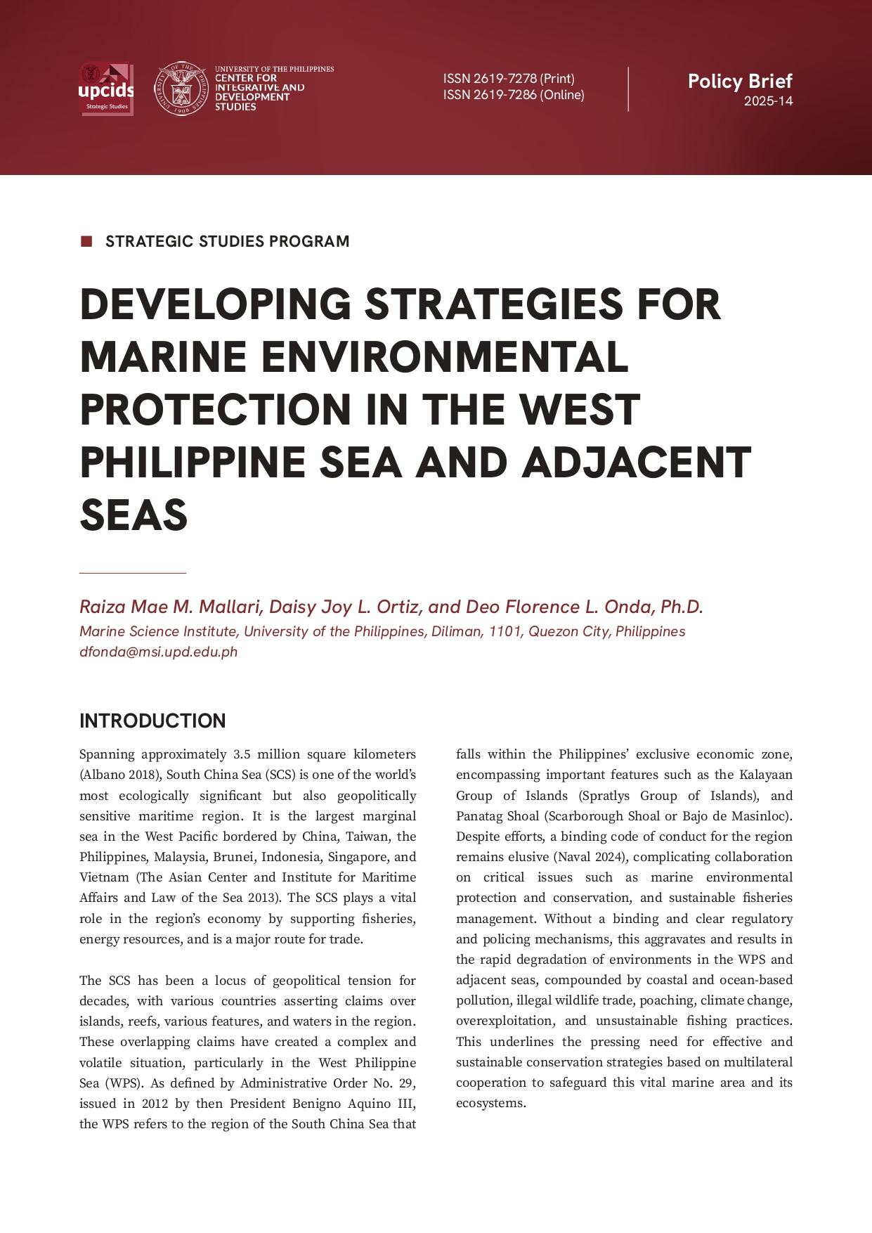 DEVELOPING STRATEGIES FOR MARINE ENVIRONMENTAL PROTECTION IN THE WEST ...