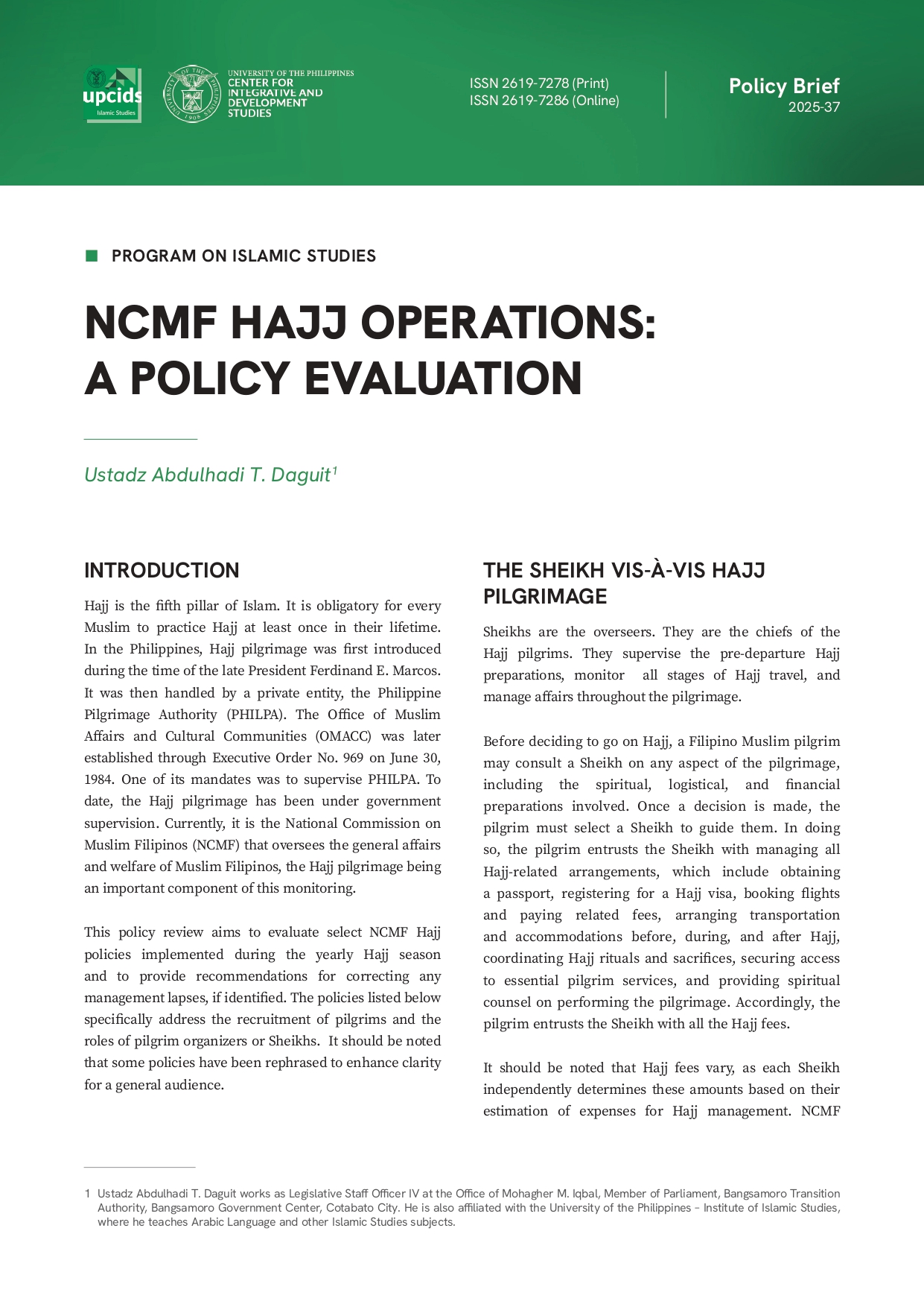 NCMF HAJJ OPERATIONS: A POLICY EVALUATION